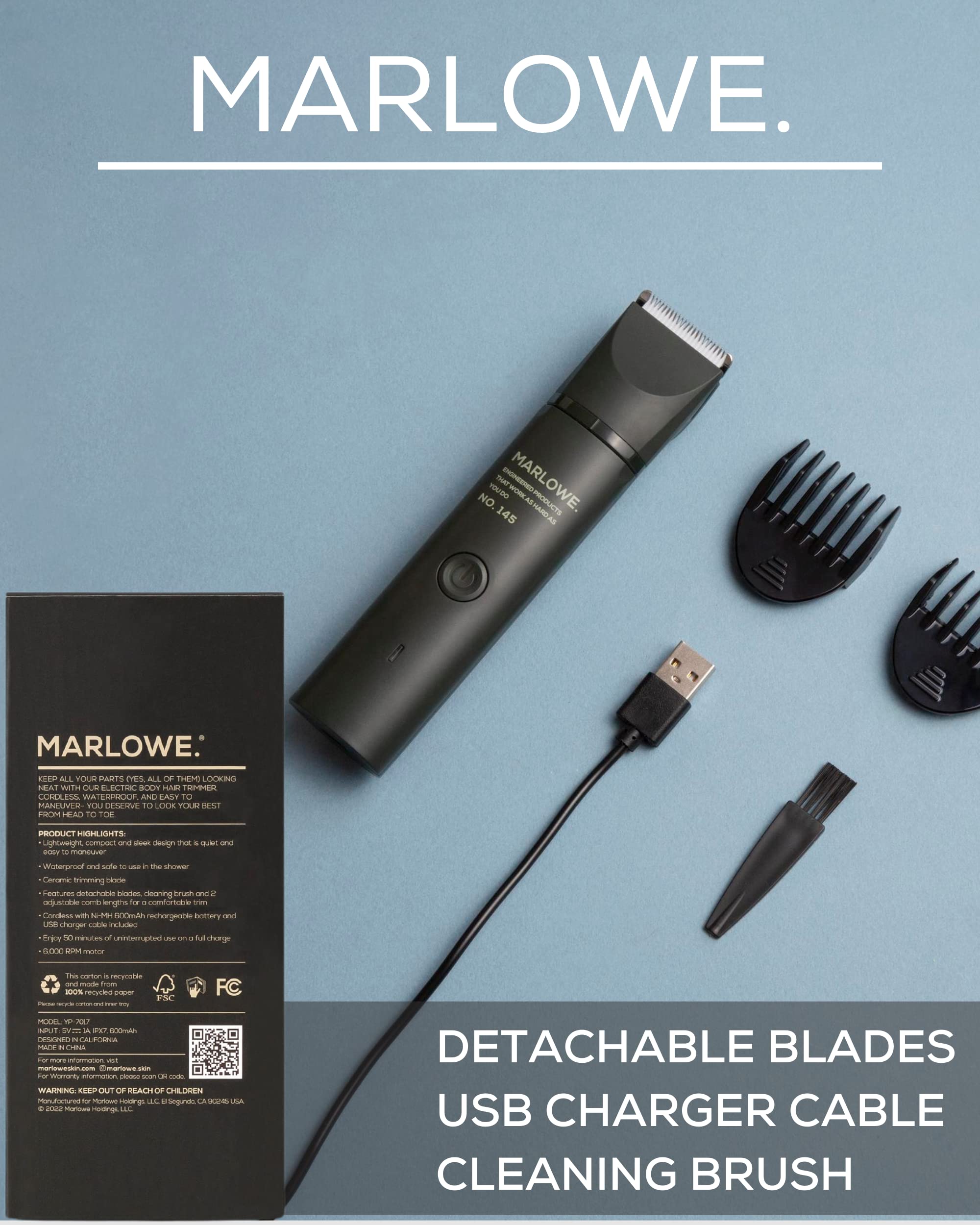 MARLOWE. No. 145 Body Hair Trimmer for Men, Forest Black, Lightweight Waterproof Personal Groomer, Ceramic Blades, Adjustable Comb Lengths & Rechargeable Battery for Head to Toe Male Grooming