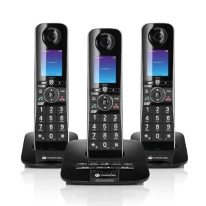 motorola voice d8713 cordless phone system w/3 digital handsets + bluetooth to cell, answering machine, call block - black