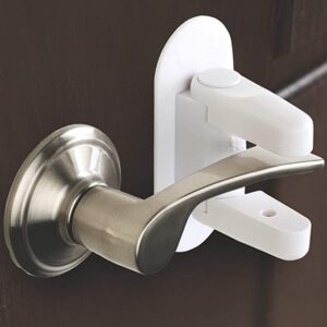 childproof door knop lever lock prevents toddlers from opening doors. easy one hand operation for adults. durable abs with 3m adhesive backing. simple install, no tools needed