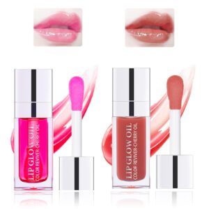 2pcs hydrating lip glow oil set pink tinted plumping lip care gloss balm big applicator clear transparent toot nourishing non-sticky moisturizing glitter primer for dry lip raspberry& rosewood