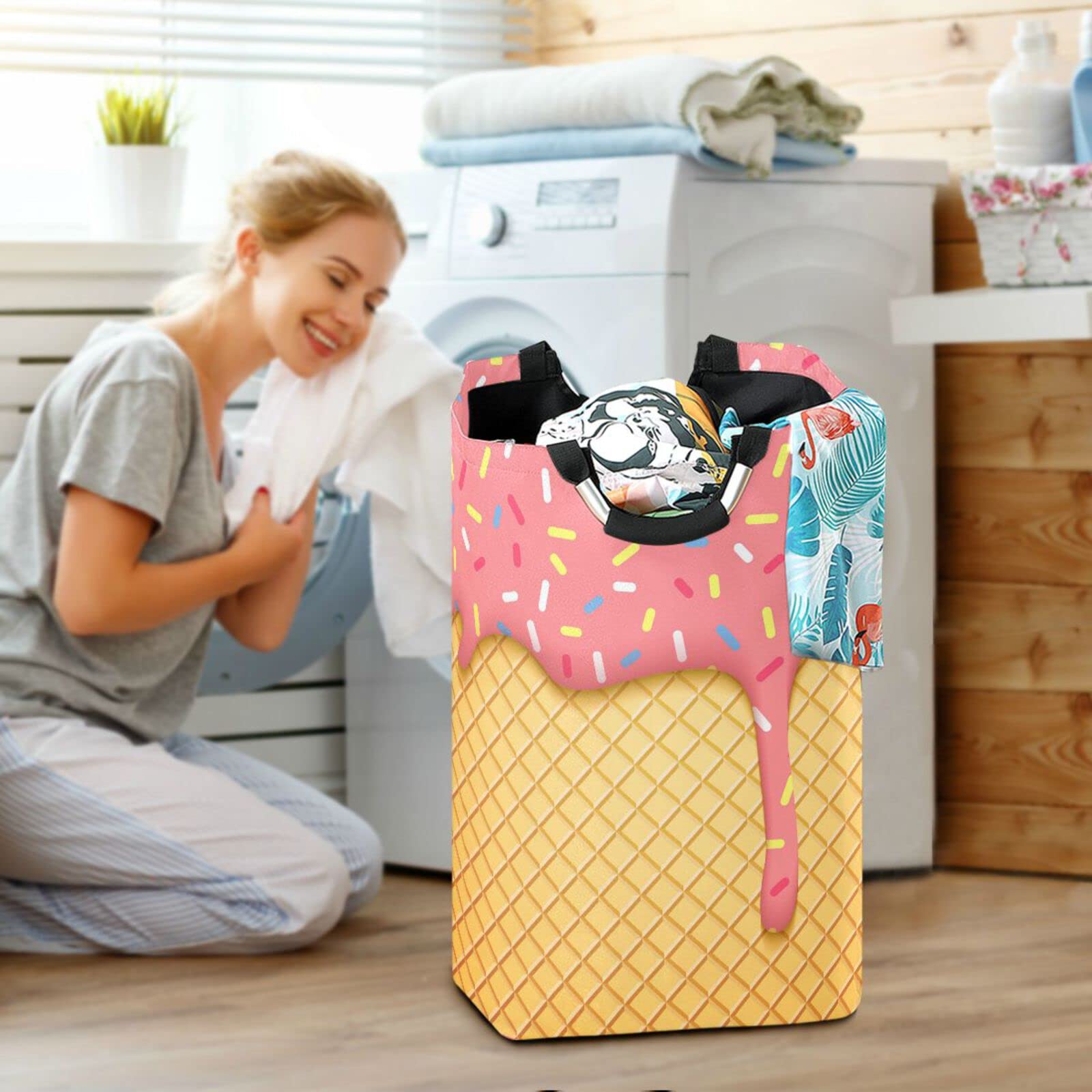 JUMBEAR Ice Cream Cone Laundry Basket Collapsible Large Clothes Hamper Nursery Storage Bin with Handle for Bedroom, Bathroom, Dorm, Kids Room