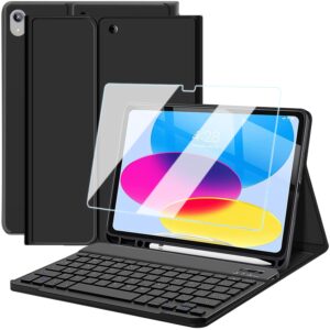 nanhent keyboard case for ipad 10th generation (10.9-inch 2022), magnetically detachable wireless keyboard, premium protective cover with pencil holder & tempered glass screen protector (black)