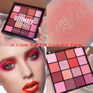 Pink Red Eyeshadow Palette, 16 Colors Pink Matte Glitter Metallic Eye Shadow Pallet, Korean Eyeshadow Palette Makeup, Pigmented Red Eyeshadow Kit for Halloween Parties Joker Vampire Clown Makeup