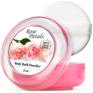 r-neu dusting powder for women with powder puff, 100% talc-free, elegant rose petals scented body powder, after bath for soft skin, extra large, 1 pack (5oz)