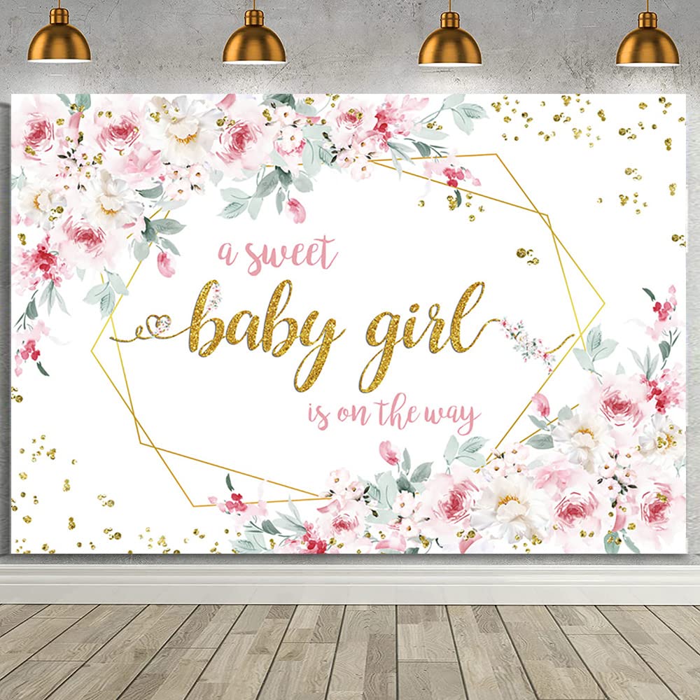 AIBIIN 7x5ft Floral Baby Shower Backdrop Baby Girl Pink Floral A Sweet Baby Girl is On The Way Baby Shower Photo Background Baby Girl Baby Shower Decorations Newborn Banner Supplies