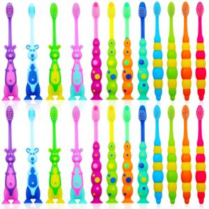 lauwell 24 pieces toddler toothbrush bulk kids toothbrush pack manual baby toothbrushes with covers suction cup toothbrush lovely soft bristle animal toothbrush for kids sensitive teeth