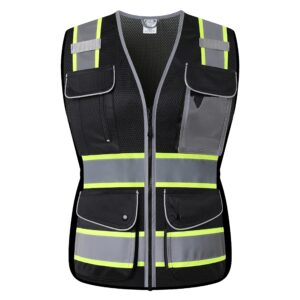 hataunki high visibility reflection black mesh safety vests with 9 pockets and front zipper, hi vis safety vest for women, meets ansi/isea standards(black-16,medium)