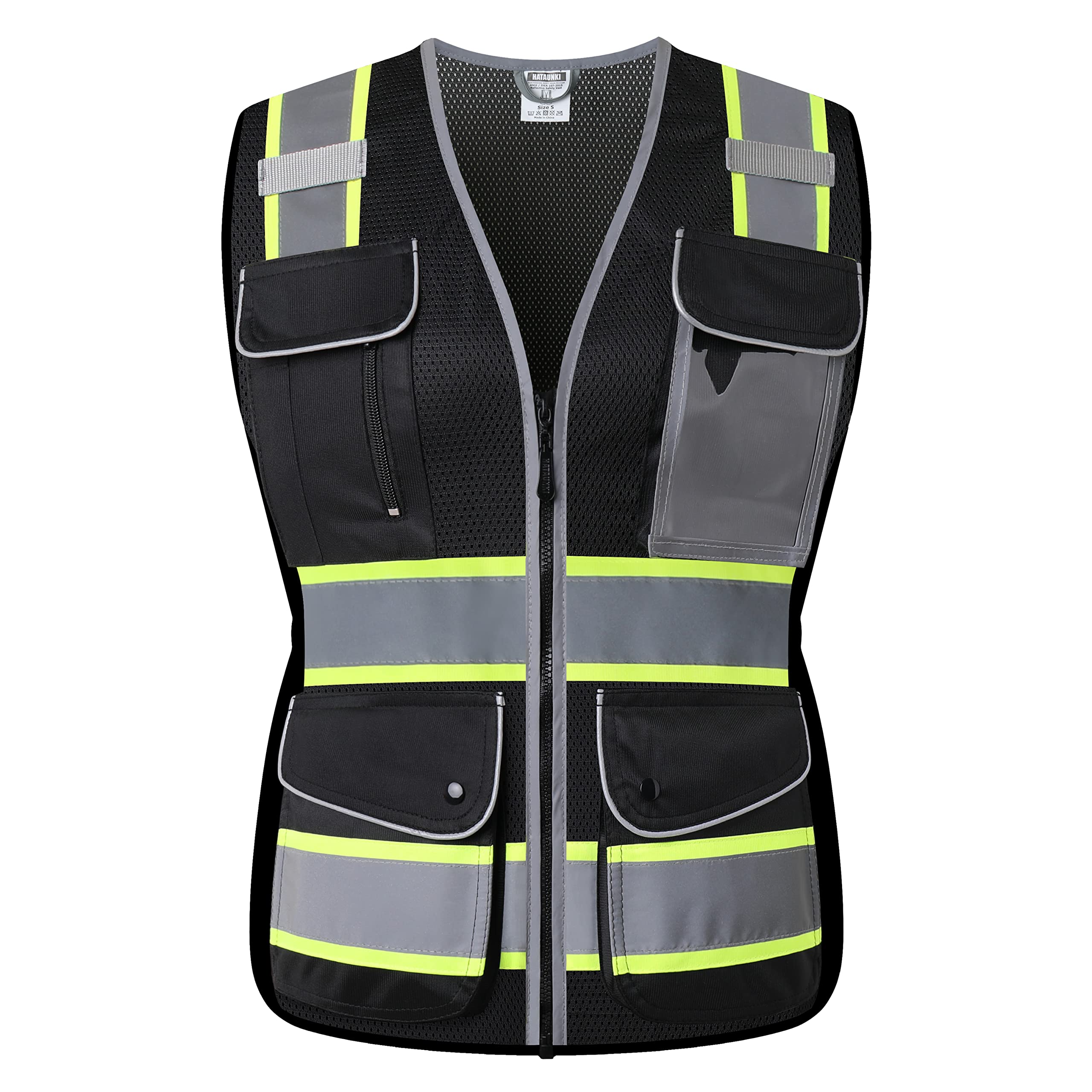 HATAUNKI High Visibility Reflection Black Mesh Safety Vests with 9 Pockets and Front Zipper, hi vis safety vest for Women, Meets ANSI/ISEA Standards(Black-16,Medium)