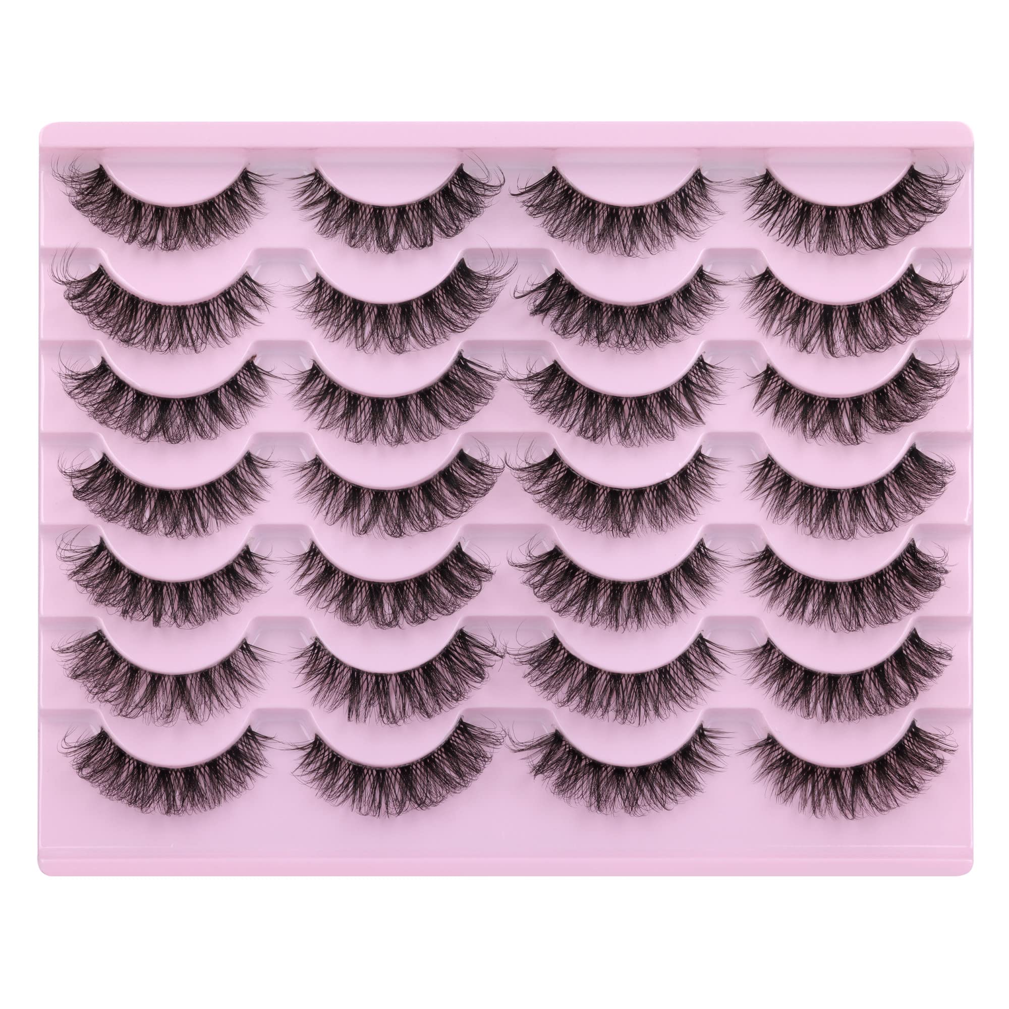 JIMIRE False Eyelashes with Clear Band Wispy Cat Eye Natural Russian Strip D Curl Lashes Faux Mink Cat Eye 15MM Wispy Fluffy Thin Lashes 14 Pairs Pack