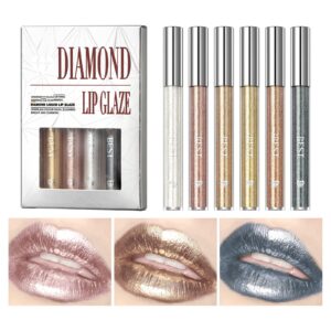 maepeor metallic liquid lipstick set 6 color shimmer & glitter metallic lipstick long wear and non-stick cup diamond pearl lip gloss kit (set 01)