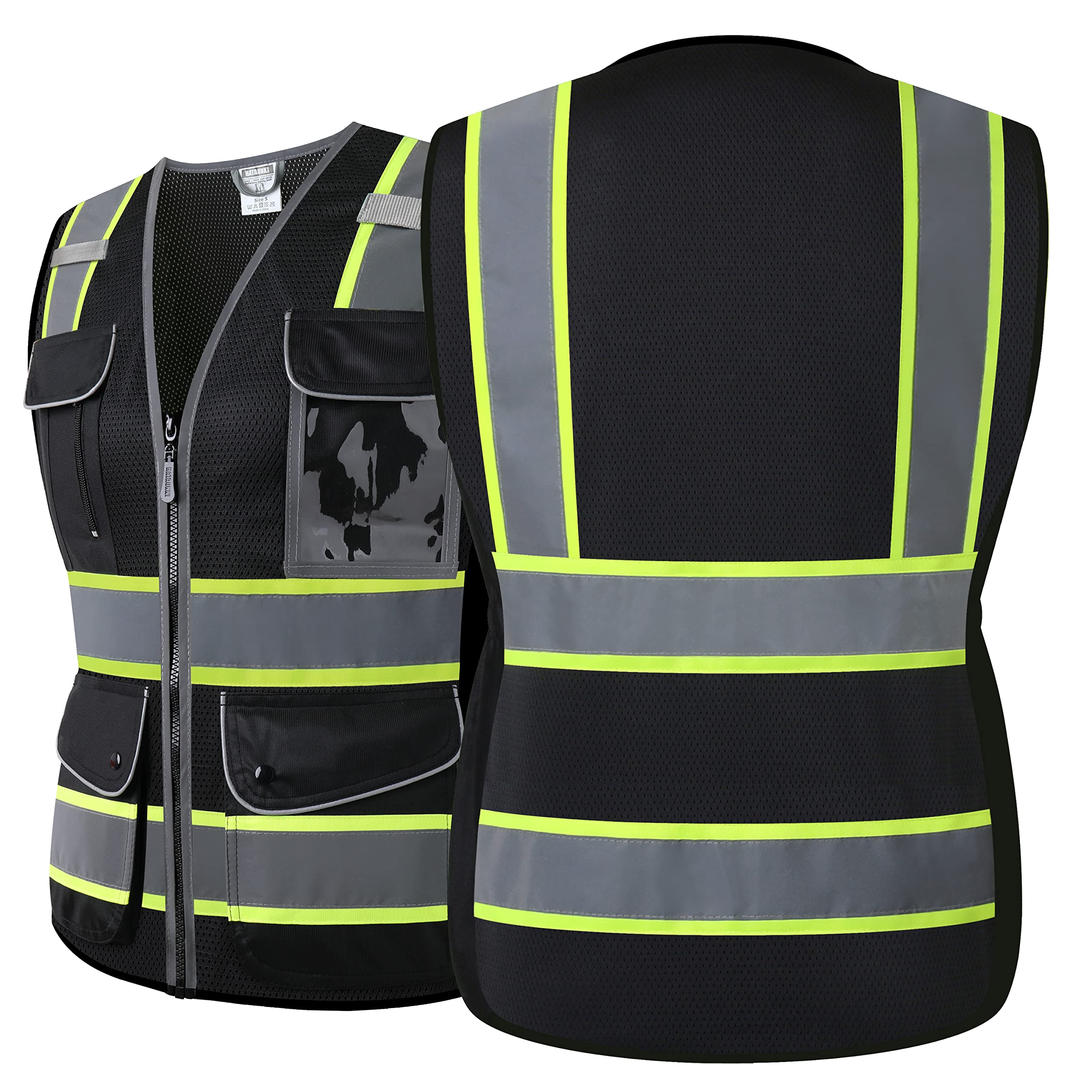 HATAUNKI High Visibility Reflection Black Mesh Safety Vests with 9 Pockets and Front Zipper, hi vis safety vest for Women, Meets ANSI/ISEA Standards(Black-16,Medium)