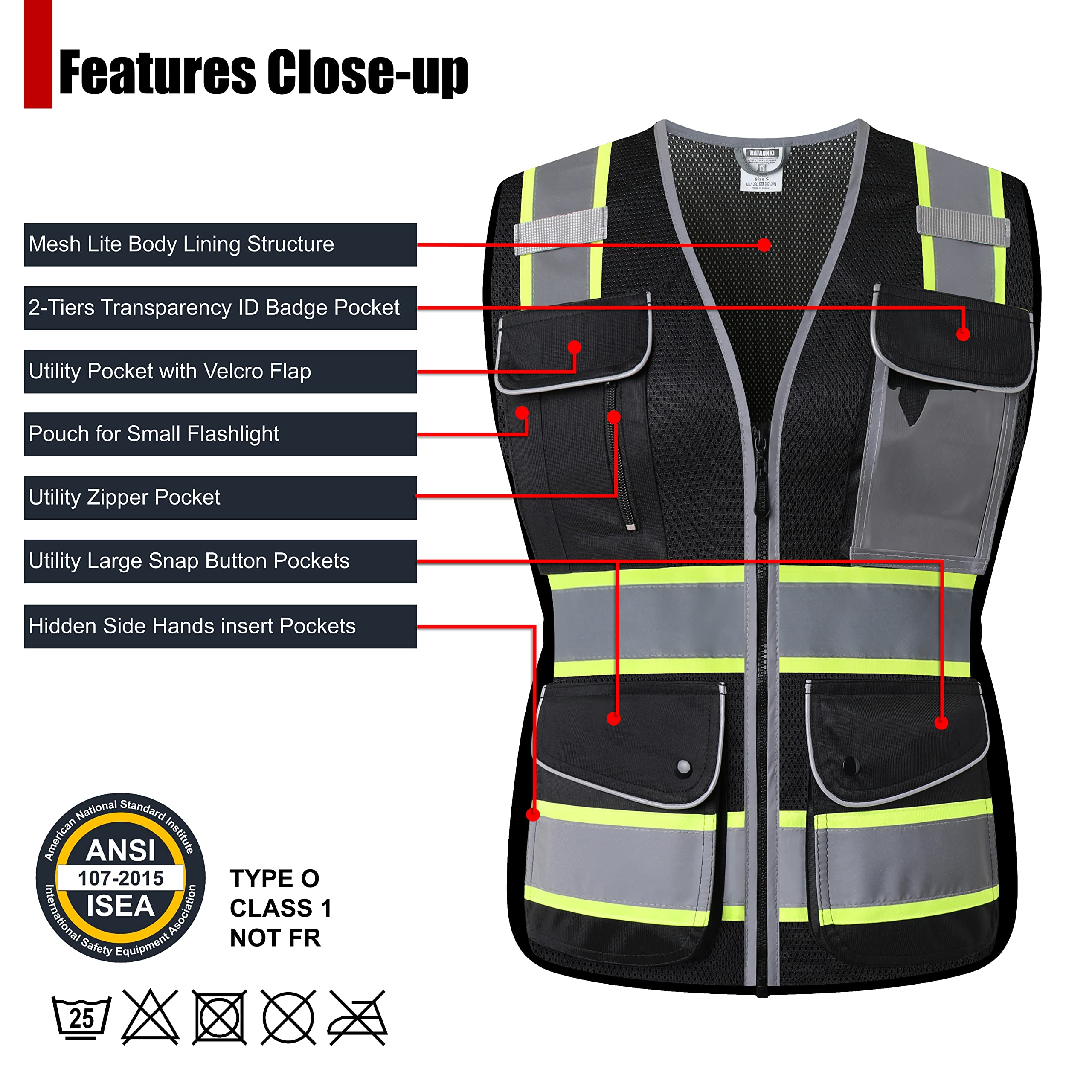 HATAUNKI High Visibility Reflection Black Mesh Safety Vests with 9 Pockets and Front Zipper, hi vis safety vest for Women, Meets ANSI/ISEA Standards(Black-16,Medium)