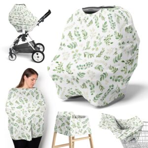 sweet jojo designs floral leaf boy girl infant baby car seat cover nursing breastfeeding shopping cart stroller canopy green white boho bohemian watercolor botanical flower woodland tropical garden