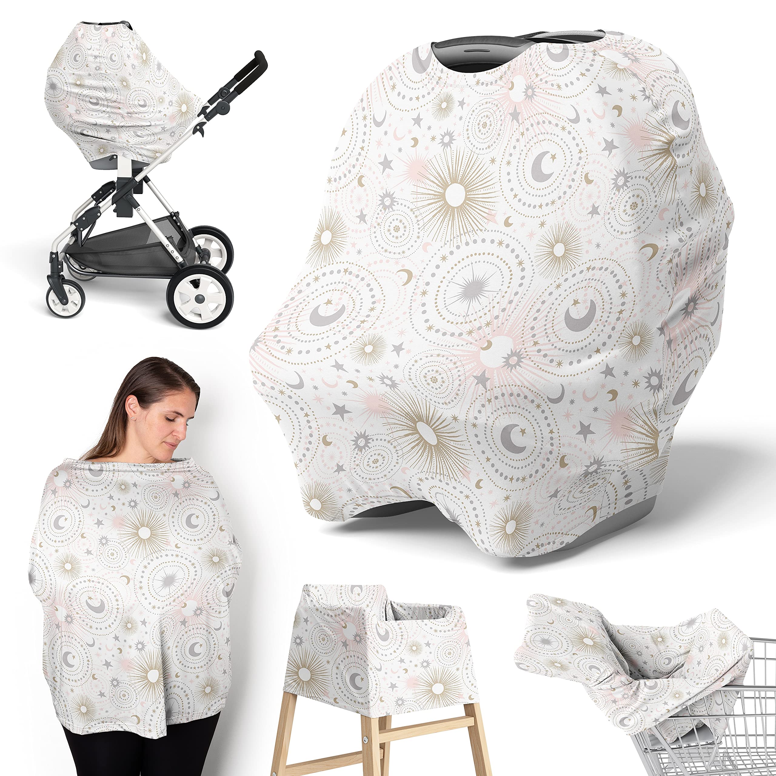 Sweet Jojo Designs Star and Moon Girl Infant Baby Car Seat Cover Nursing Breastfeeding Shopping Cart Stroller Canopy - Blush Pink Gold and Grey Celestial Sky Stars Shabby Chic