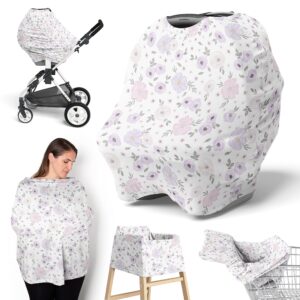 sweet jojo designs purple watercolor floral girl infant baby car seat cover nursing breastfeeding shopping cart stroller canopy lavender pink and grey boho bohemian shabby chic rose flower farmhouse