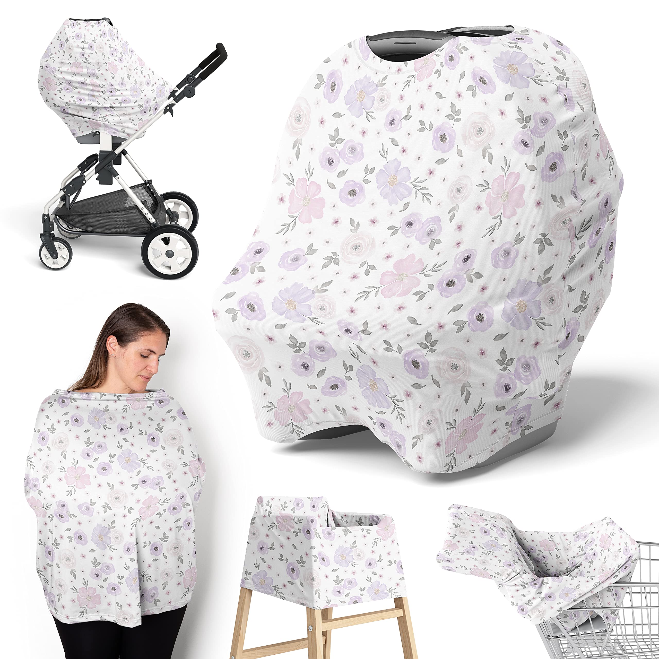 Sweet Jojo Designs Purple Watercolor Floral Girl Infant Baby Car Seat Cover Nursing Breastfeeding Shopping Cart Stroller Canopy Lavender Pink and Grey Boho Bohemian Shabby Chic Rose Flower Farmhouse