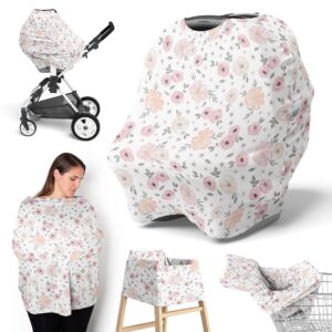 sweet jojo designs pink watercolor floral girl infant baby car seat cover nursing breastfeeding shopping cart stroller canopy - pink grey and white boho bohemian shabby chic rose flower farmhouse