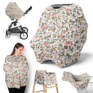 sweet jojo designs vintage floral boho girl infant baby car seat cover nursing breastfeeding shopping cart stroller canopy blush pink yellow and green bohemian shabby chic rose flower farmhouse white