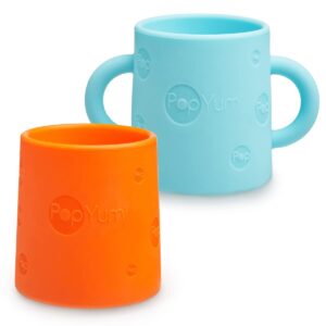 popyum silicone training cup 2-pack for baby and toddler, handles, bpa free, self feeding training, tumbler (sky blue and popyum orange)