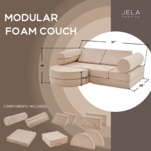 jela Kids Couch 14PCS Luxury, Floor Furniture for Adults, Playhouse Play Set for Toddlers Babies, Foam Modular Sectional Sofa (Sand Beige, 57"x28"x18")