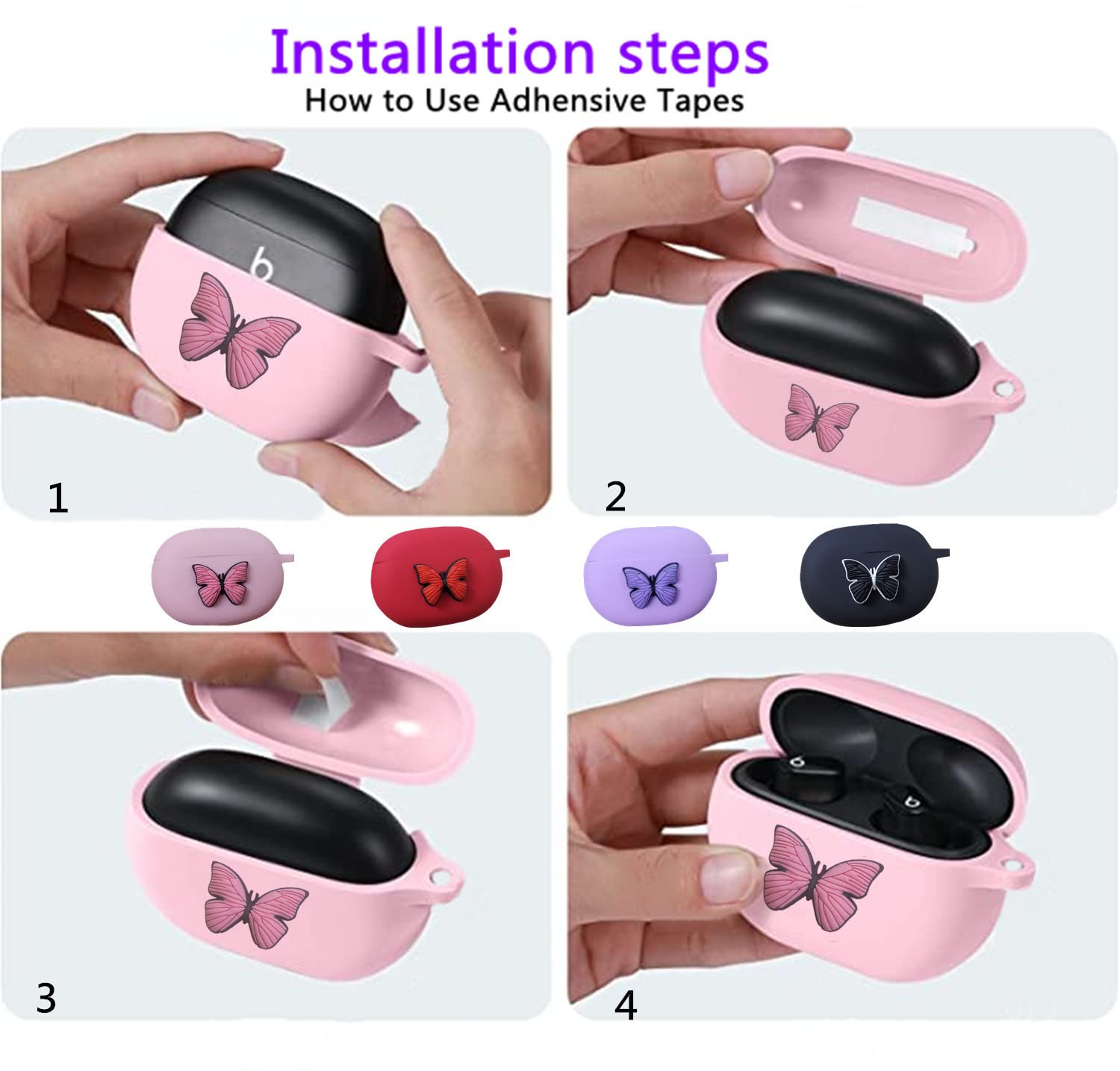 Cute Case for New Beats Studio Buds + 2021/2023 with Butterfly Keychain,Kawaii Silicone Beats Studio Buds Charging Case Cover Wireless Earbuds Protective Accesorries for Women Girls (Purple)