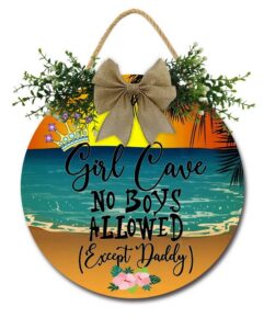 girl room door sign girls bedroom decor no boys allowed sign for girls bedroom stuff for teen girls kids baby door wall decorations round wood wreath girl cave round door hanging sign 11"