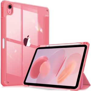 fintie hybrid slim case for ipad 10th generation 10.9 inch tablet (2022 model) - [built-in pencil holder] shockproof cover with clear transparent back shell, auto wake/sleep, pink