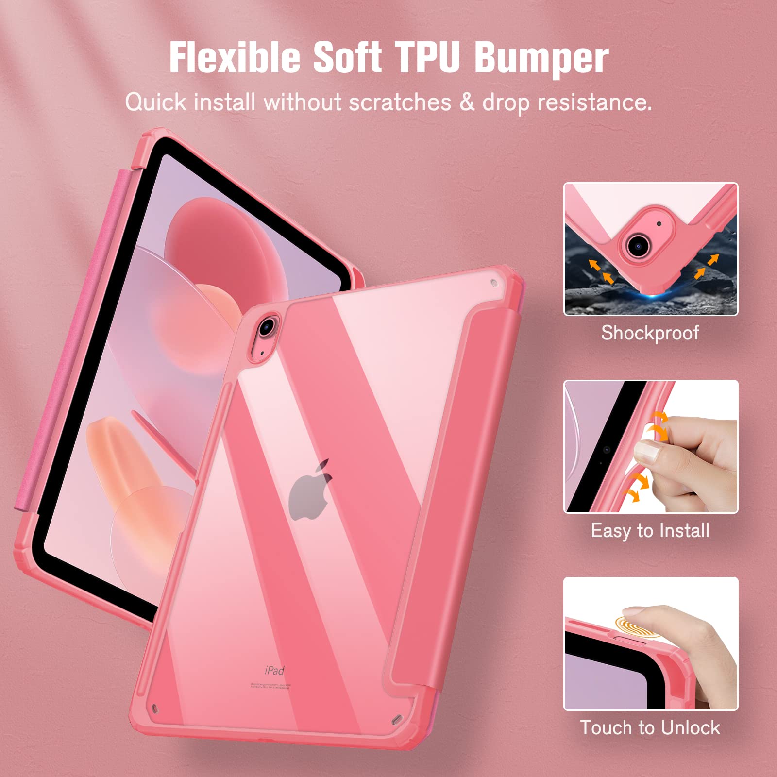 Fintie Hybrid Slim Case for iPad 10th Generation 10.9 Inch Tablet (2022 Model) - [Built-in Pencil Holder] Shockproof Cover with Clear Transparent Back Shell, Auto Wake/Sleep, Pink