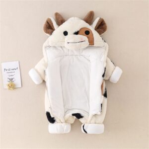 Tempura Baby Girls Boys Winter Plush Jumpsuit Long Sleeve Cartoon Cow Print Zipper Hooded Romper (Beige, 6-12 Months)