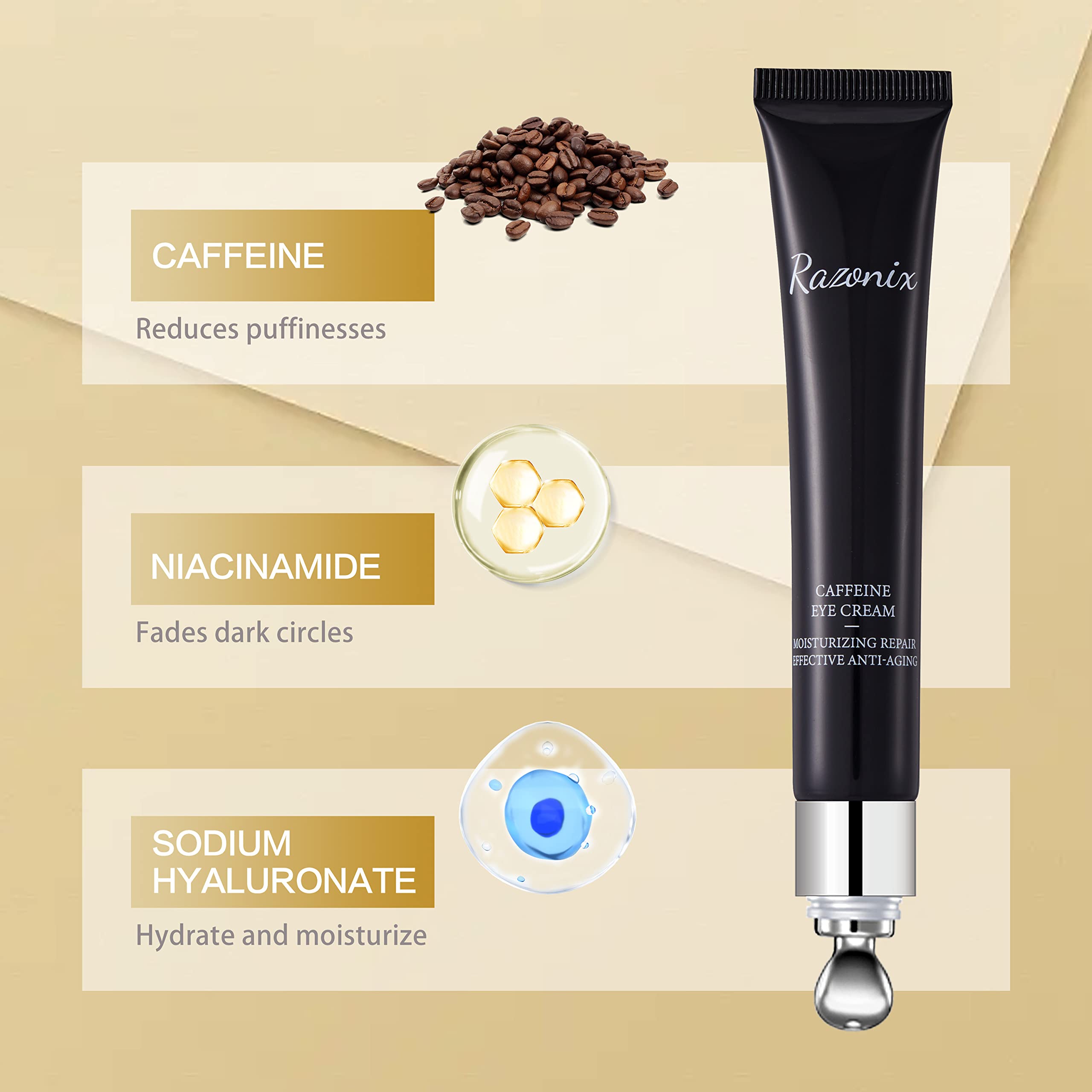 Caffeine Eye Cream for Bags Puffiness: Under Eye Treatment for Dark Circles Puffy Eyes with Eye Roller