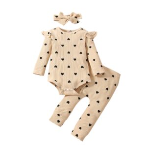 vivifayee newborn baby girl clothes outfits infant ruffled romper hearts print long sleeve pants set with headband 3pcs cute toddler baby girl clothes set