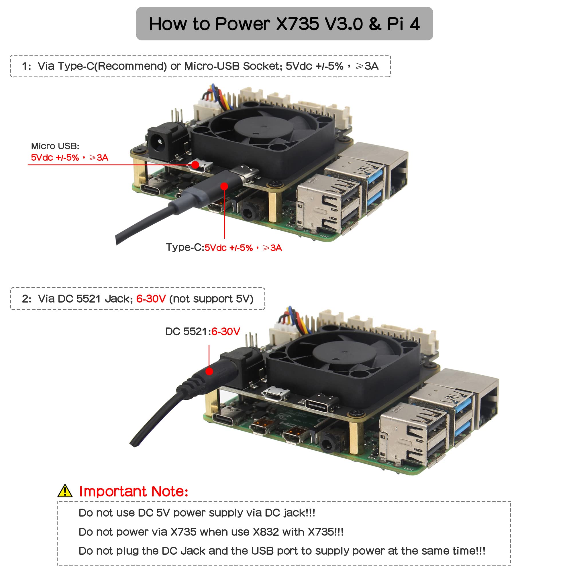 Geekworm Raspberry Pi 4B/3B+/3B X735 V3.0 DC 6V-30V Width Voltage Input Power Management Board + DC 12V 5A 60W Power Adapter Compatible with Raspberry Pi 4 Model B