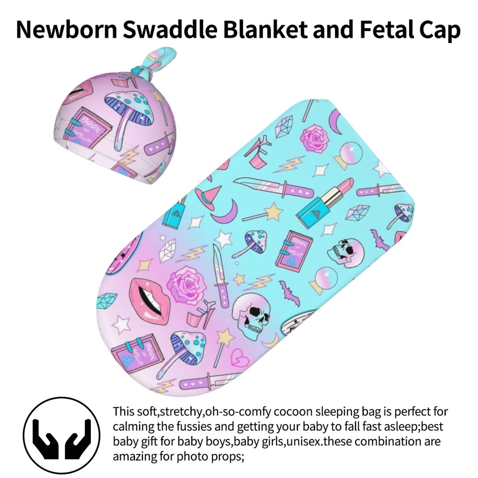 Newborn Swaddle Blankets Hat Sets Soft Stretchy Girly Pastel Witch Goth Pattern Baby Stuff Receiving Blanket Gifts for Infant Baby Boy Girl