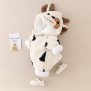 Tempura Baby Girls Boys Winter Plush Jumpsuit Long Sleeve Cartoon Cow Print Zipper Hooded Romper (Beige, 6-12 Months)