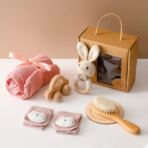 new born baby gift basket, baby boys girls shower gifts with wooden rabbit rattles, 6pcs new born essentials bath set with baby brush,blanket,milestones cards