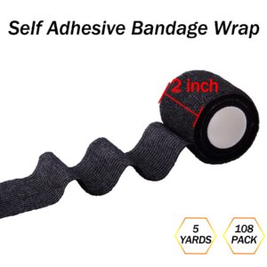 BQTQ 108 Rolls Self Adhesive Bandage Wrap 2 Inch Black Self Stick Bandage Athletic Wrap Tape Self Adherent Wrap Stretch Bandages Wraps Tape for Wrist Ankle Swelling Sprains (Black)