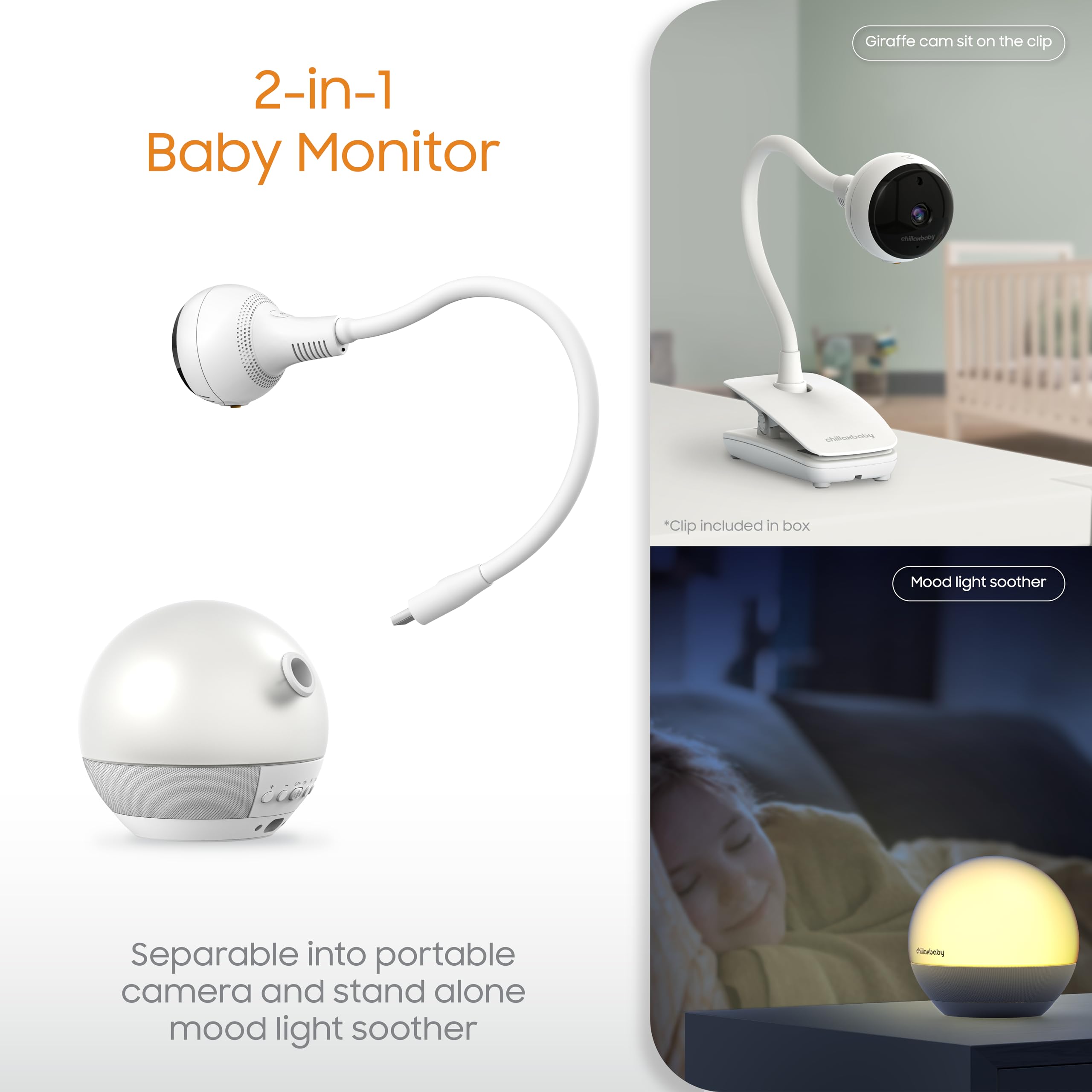 CHILLAX BabyMood Pro - 2 in 1 Baby Monitor with Camera and Audio with Remote Pan, Lights & Lullaby for Toddler & Infant - Full HD 360° Gooseneck Baby Camera for Nursery - Phone App & Tablet Access