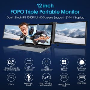 FOPO 12" Triple Portable Monitor 1080P FHD IPS Triple Monitor Extender, Triple Screen for Laptop of 13"-14.1", Compatible with Windows/Mac, Connect with USB-C/HDMI(Not for M1 M2 Chip, Chromebook)-S12