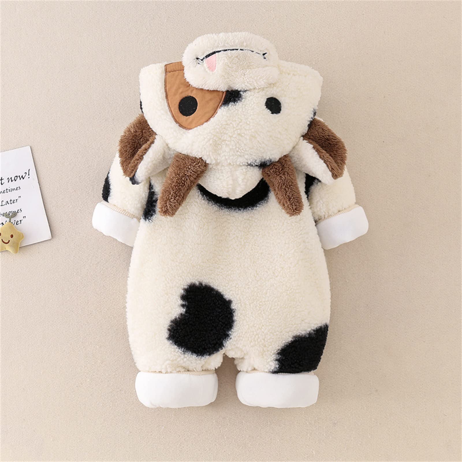 Tempura Baby Girls Boys Winter Plush Jumpsuit Long Sleeve Cartoon Cow Print Zipper Hooded Romper (Beige, 6-12 Months)