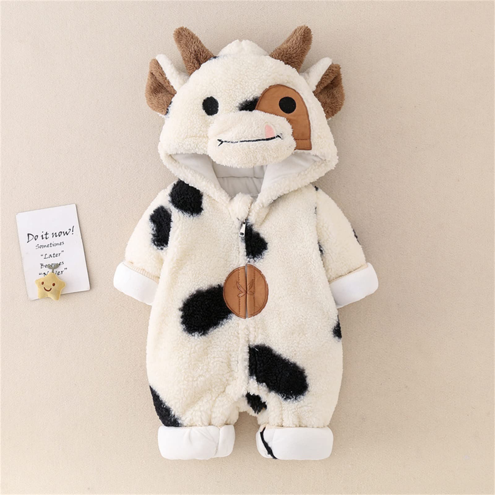 Tempura Baby Girls Boys Winter Plush Jumpsuit Long Sleeve Cartoon Cow Print Zipper Hooded Romper (Beige, 6-12 Months)