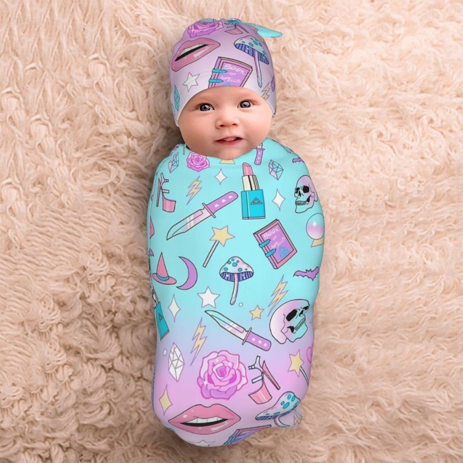 Newborn Swaddle Blankets Hat Sets Soft Stretchy Girly Pastel Witch Goth Pattern Baby Stuff Receiving Blanket Gifts for Infant Baby Boy Girl