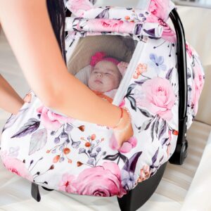 Floral Baby Car Seat Covers and Infant Car Seat Head Support Strap Covers, Double Layer, Super Soft Minky & Dot Fabric