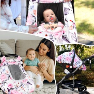 Floral Baby Car Seat Covers and Infant Car Seat Head Support Strap Covers, Double Layer, Super Soft Minky & Dot Fabric