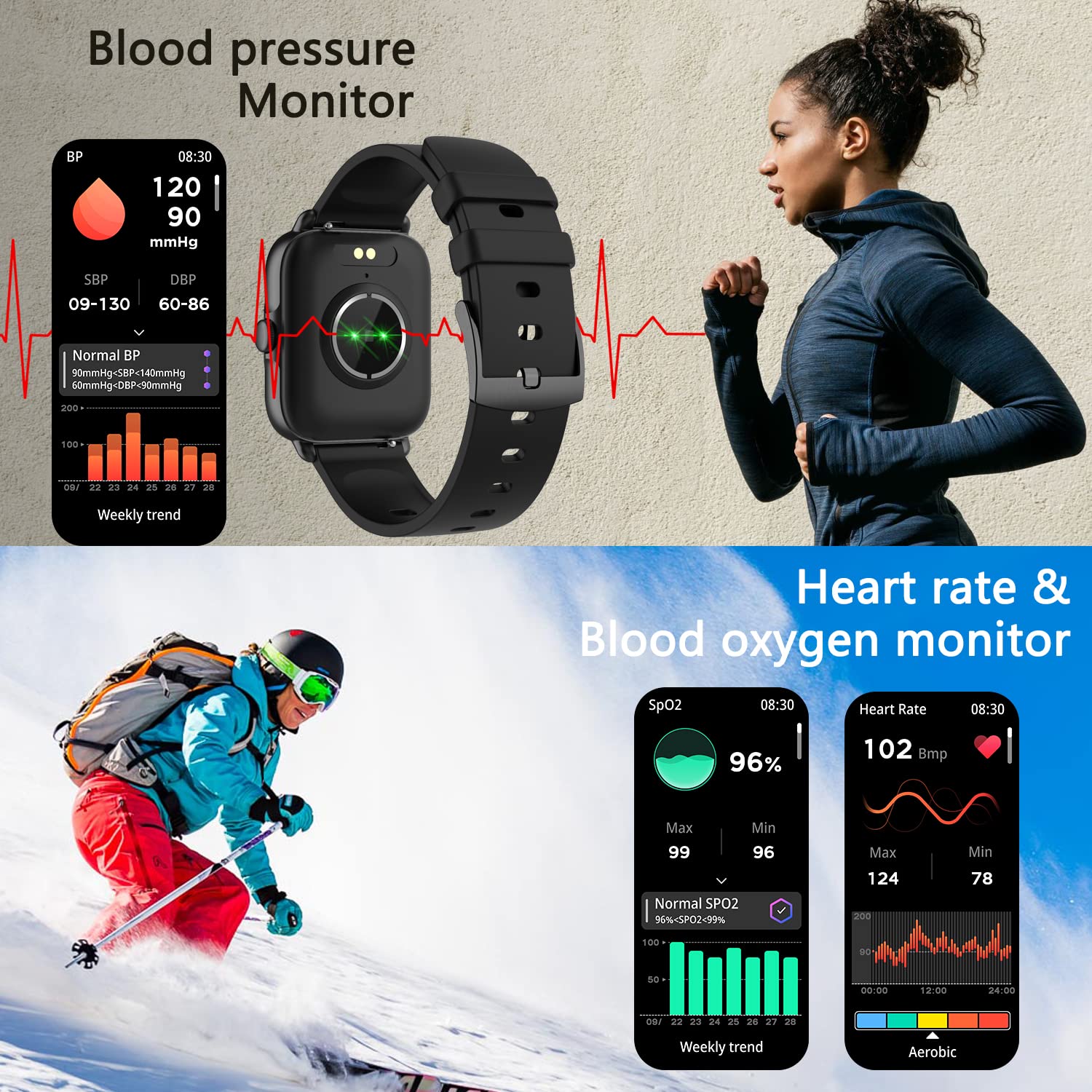 Smart Watch(Answer/Make Call), 1.7" Full-Touch Screen Smartwatch for Android and iOS Phones with Heart Rate & Sleep Monitor, Life Waterproof Activity Fitness Tracker Watch for Women Men, Black