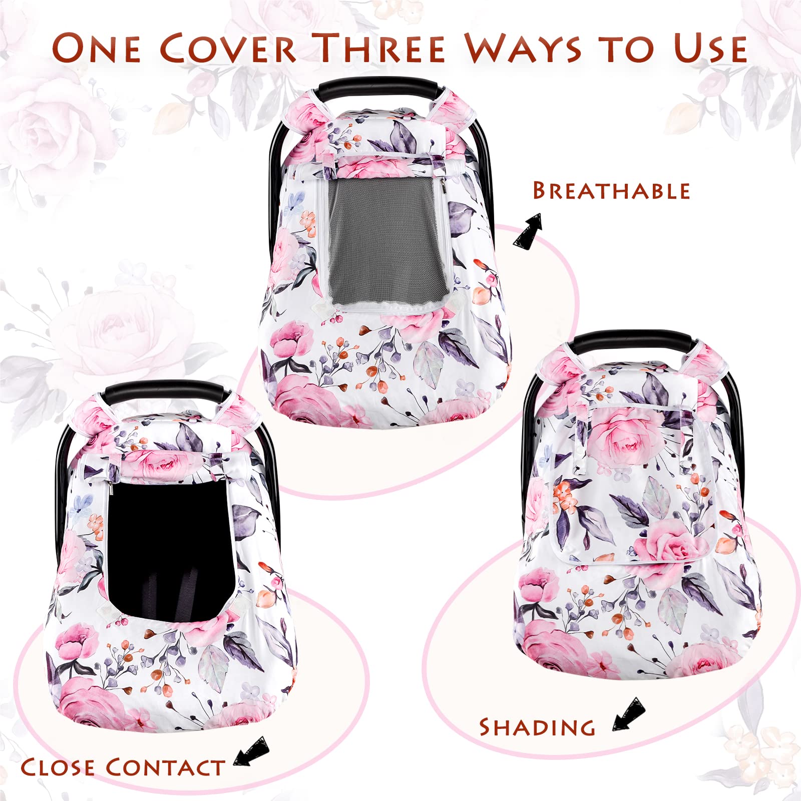 Floral Baby Car Seat Covers and Infant Car Seat Head Support Strap Covers, Double Layer, Super Soft Minky & Dot Fabric