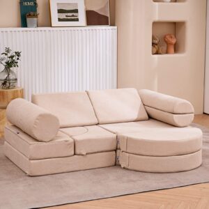 jela kids couch 14pcs luxury, floor furniture for adults, playhouse play set for toddlers babies, foam modular sectional sofa (sand beige, 57"x28"x18")