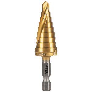 klein tools 25963 step drill bit, 1/4 to 3/4-inch, spiral double-fluted, cuts thin metal, plastic, aluminum, wood, 1/4-inch hex shank, vaco