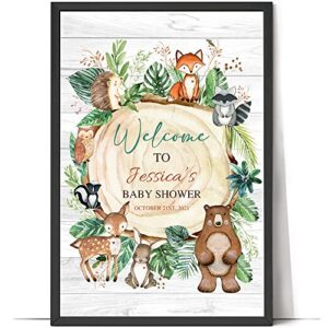 tacoki personalized woodland baby shower welcome sign poster, welcome sign art, baby shower sign, woodland animals baby shower canvas, custom baby shower wall art poster canvas, home decor