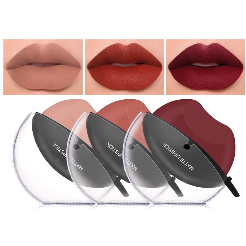 DAGEDA 3 Colors Matte Lipstick Set, Matte Velvet Lipstick Lip Shape Lazy Lipstick, Long Lasting High Pigmented Non-stick Cup Lip Gloss, Waterproof Easy to Color Lipstick Lazy Lip Makeup（Color C