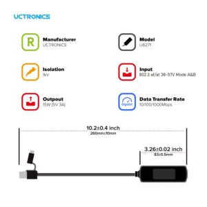 UCTRONICS Gigabit PoE Splitter 5V 3A, 2-in-1 PoE to USB C/Micro USB Adapter, IEEE 802.3af/at Compliant 10/100/1000Mbps for Raspberry Pi 3/4, Security IP Cameras and More